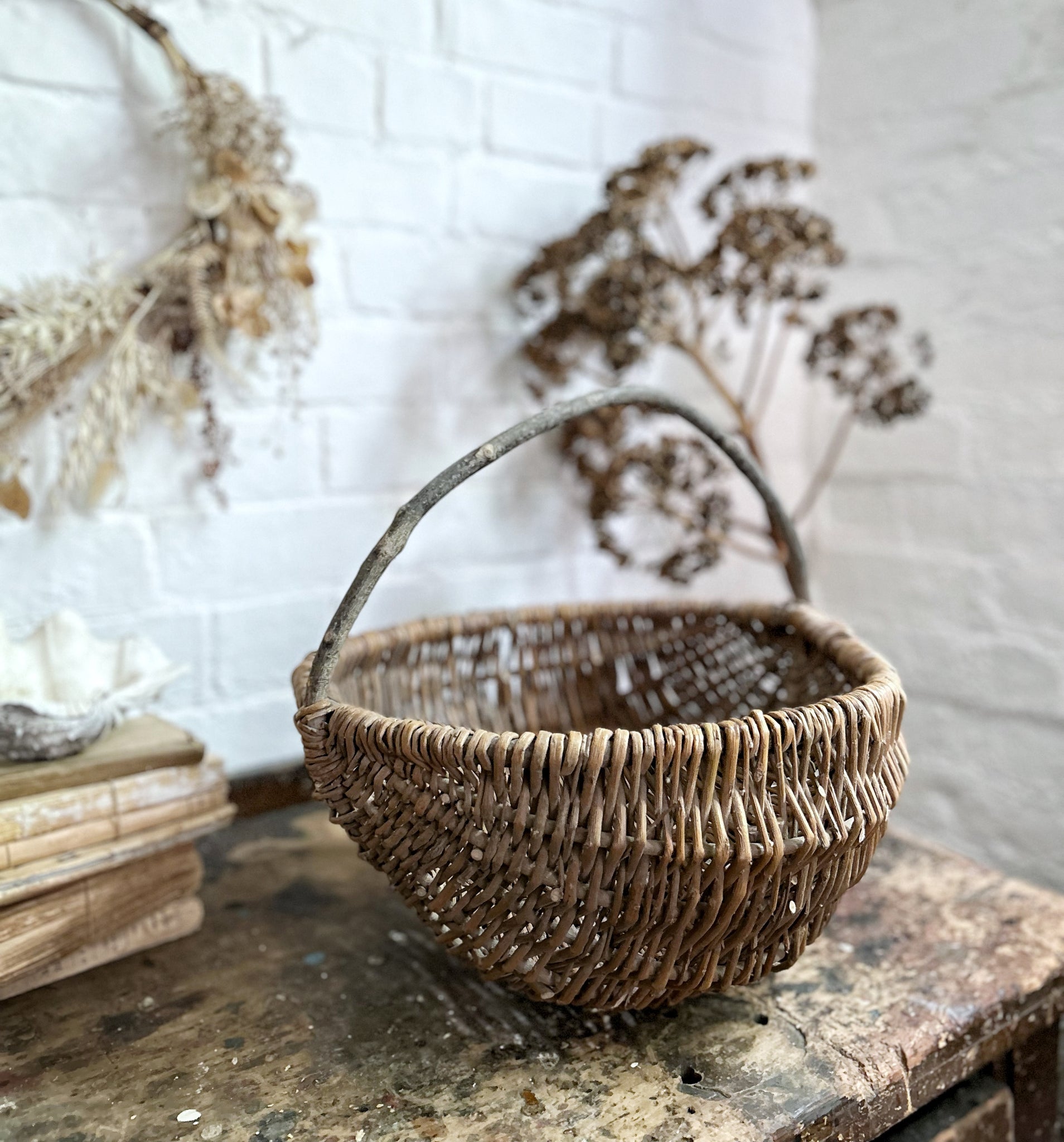 Antique French willow woven foraging market basket with bent wood hand ...