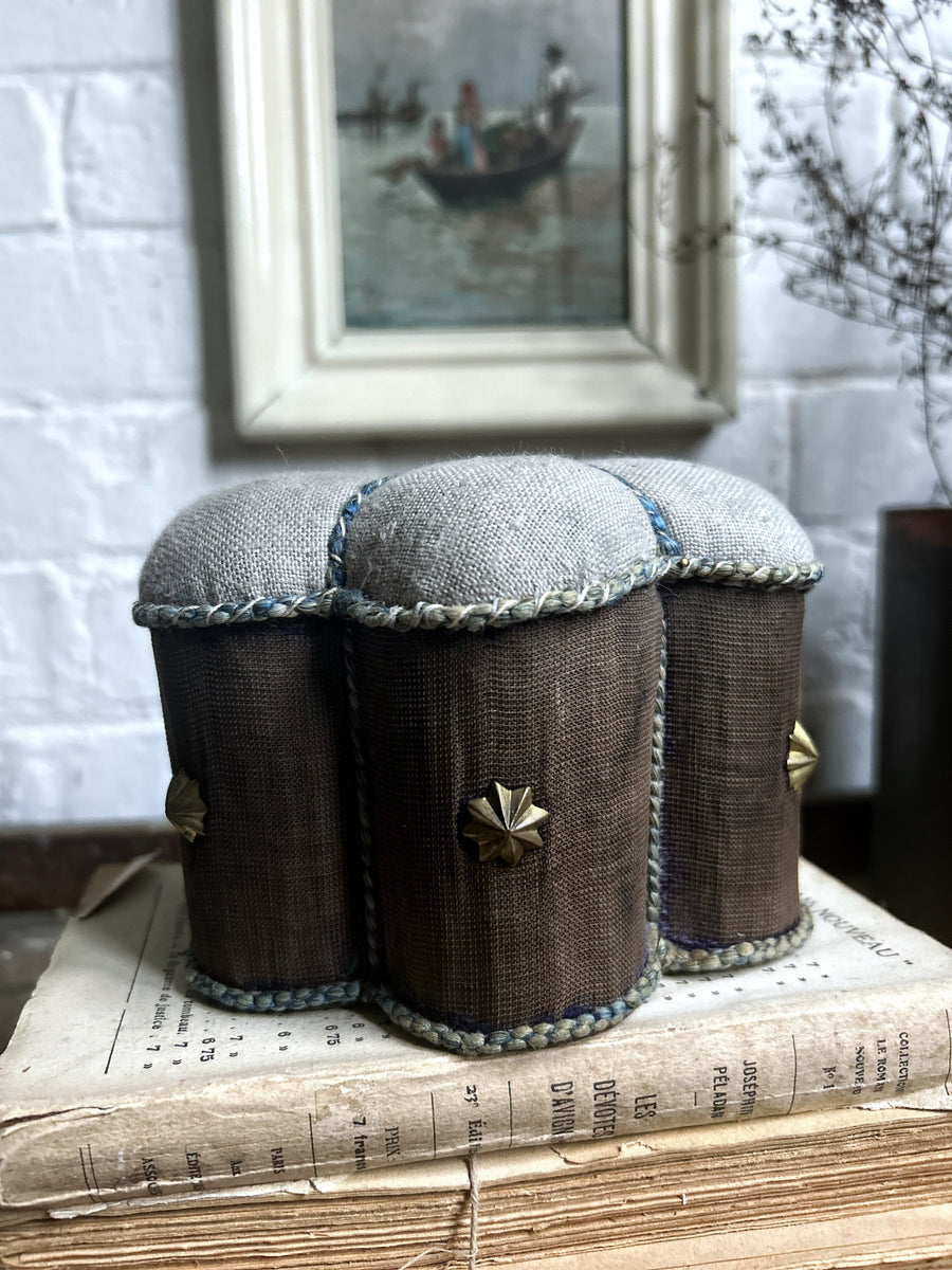 Antique early 20th Century French Linen weighted pin cushion with empi ...