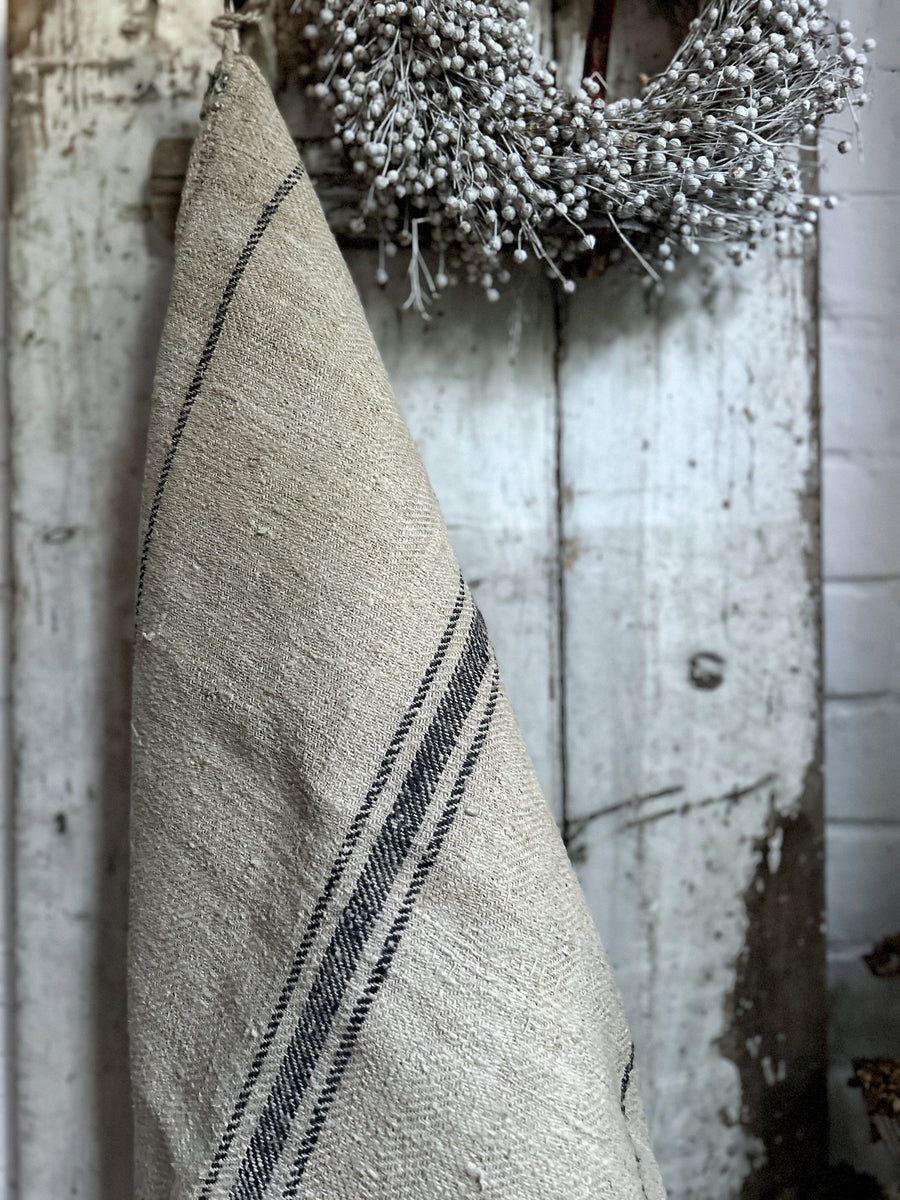 Antique eastern european linen grain sack with black ticking stripe ...