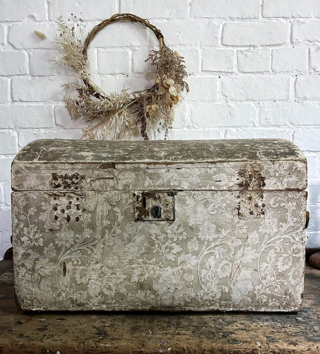 Antique late 19th Century French wooden trunk chest covered with origi ...