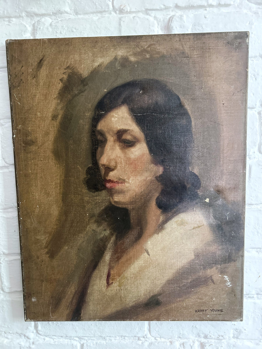 Early 20th century antique realism portrait oil painting on canvas sig ...