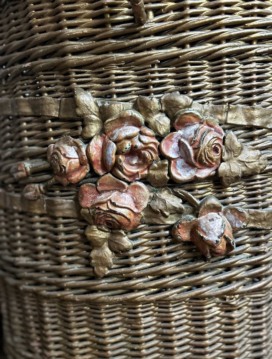 French antique barbola tall lidded gold wicker basket – The Old Potato ...