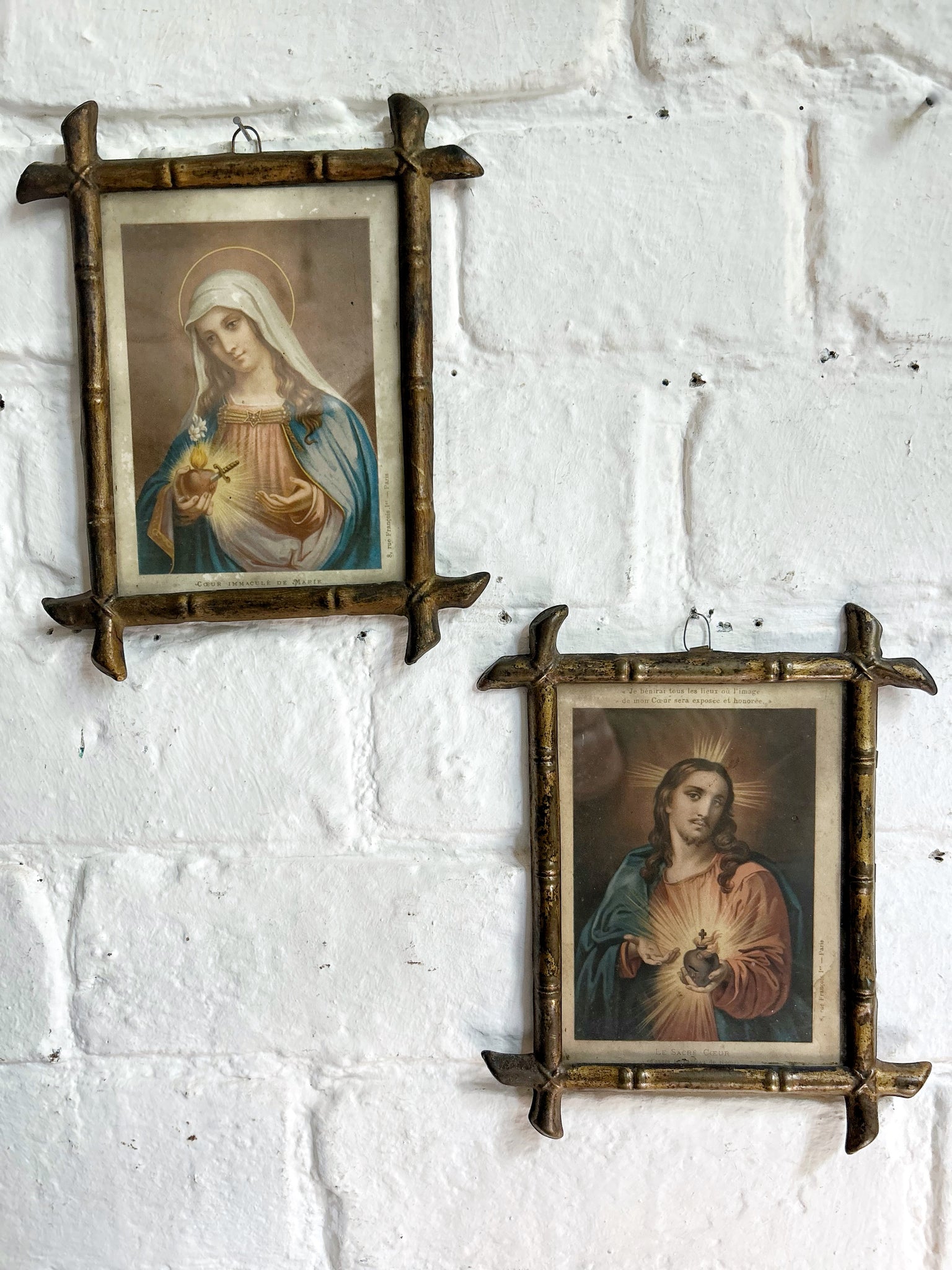 French vintage sacred heart religious prints in brass oxford cross fra ...