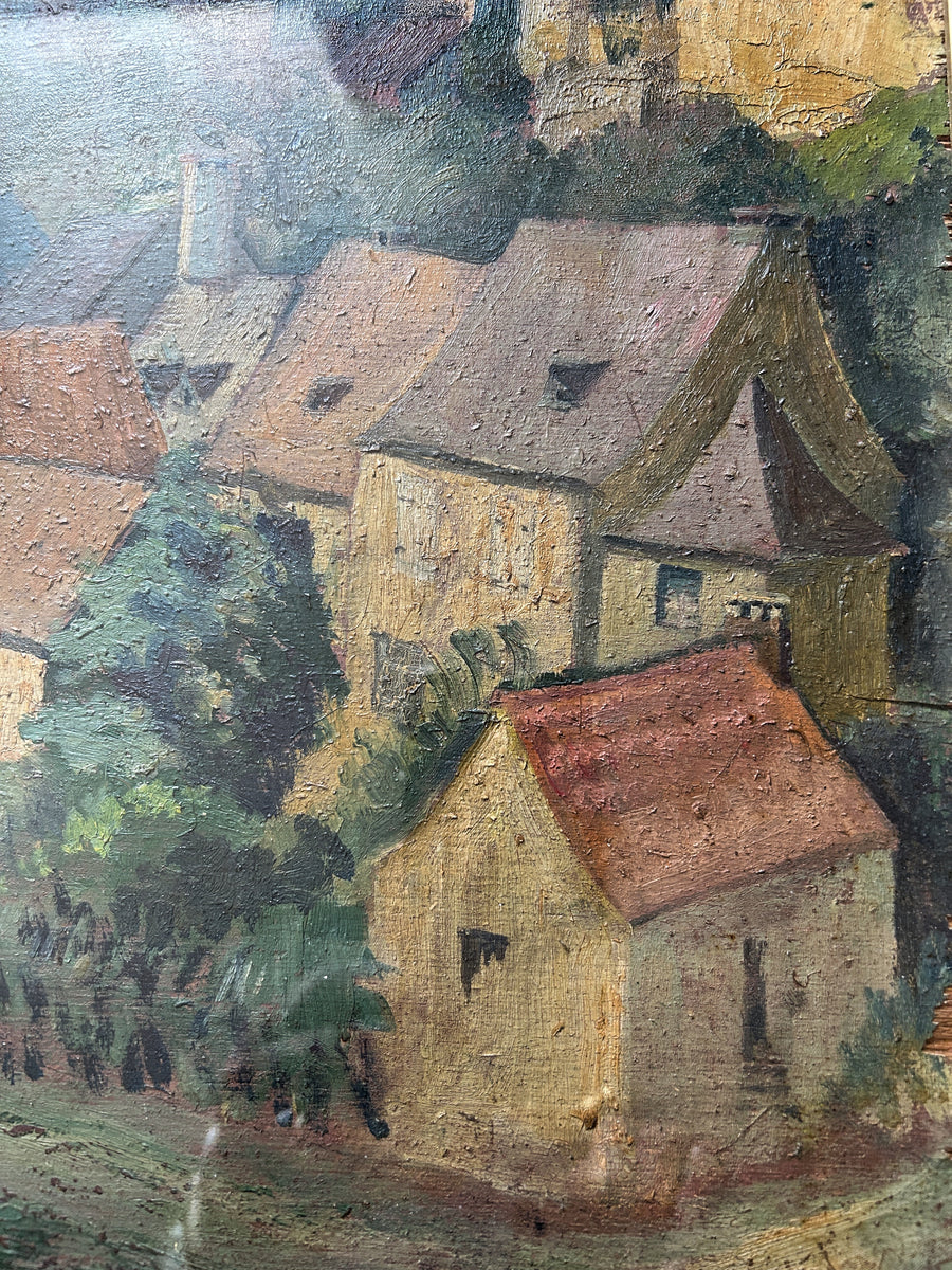 An antique cubist style roof top Mediterranean landscape oil painting ...