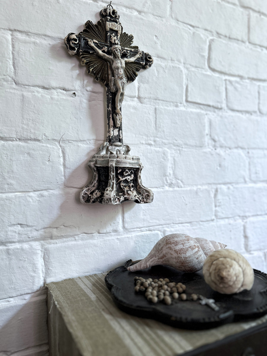 A French antique church wall hung plaster cross & religious figure ...