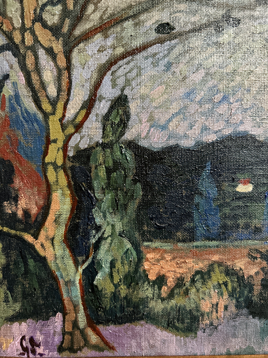 A beautiful antique impressionist landscape oil painting on stretched ...