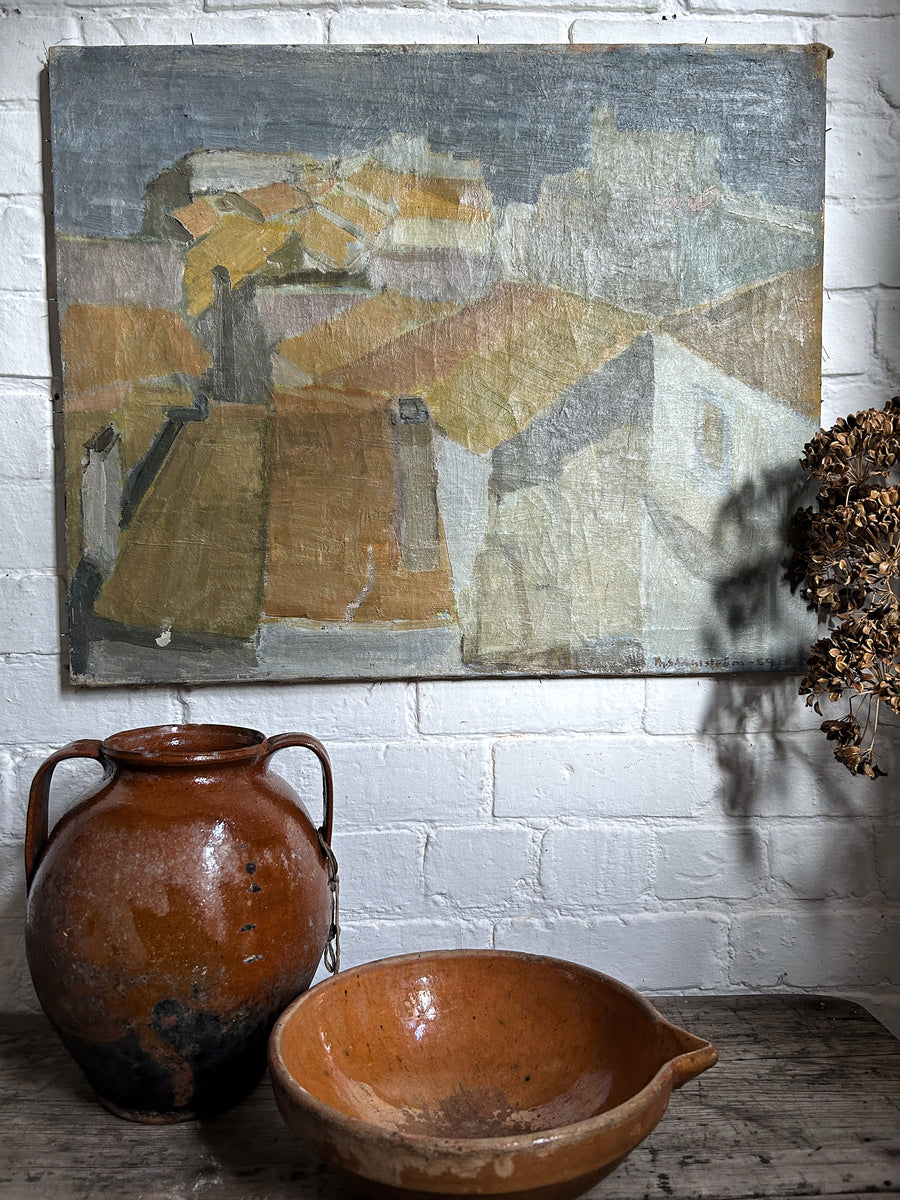 Large Swedish Cubist landscape oil painting on canvas Cadaques rooftop ...