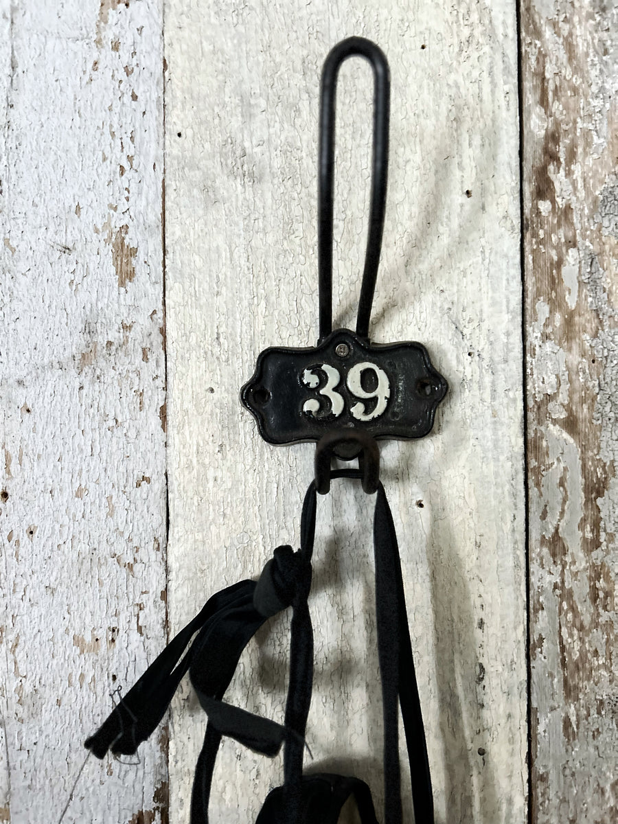 Vintage industrial cast iron numbered shield back coat hook number 39 ...