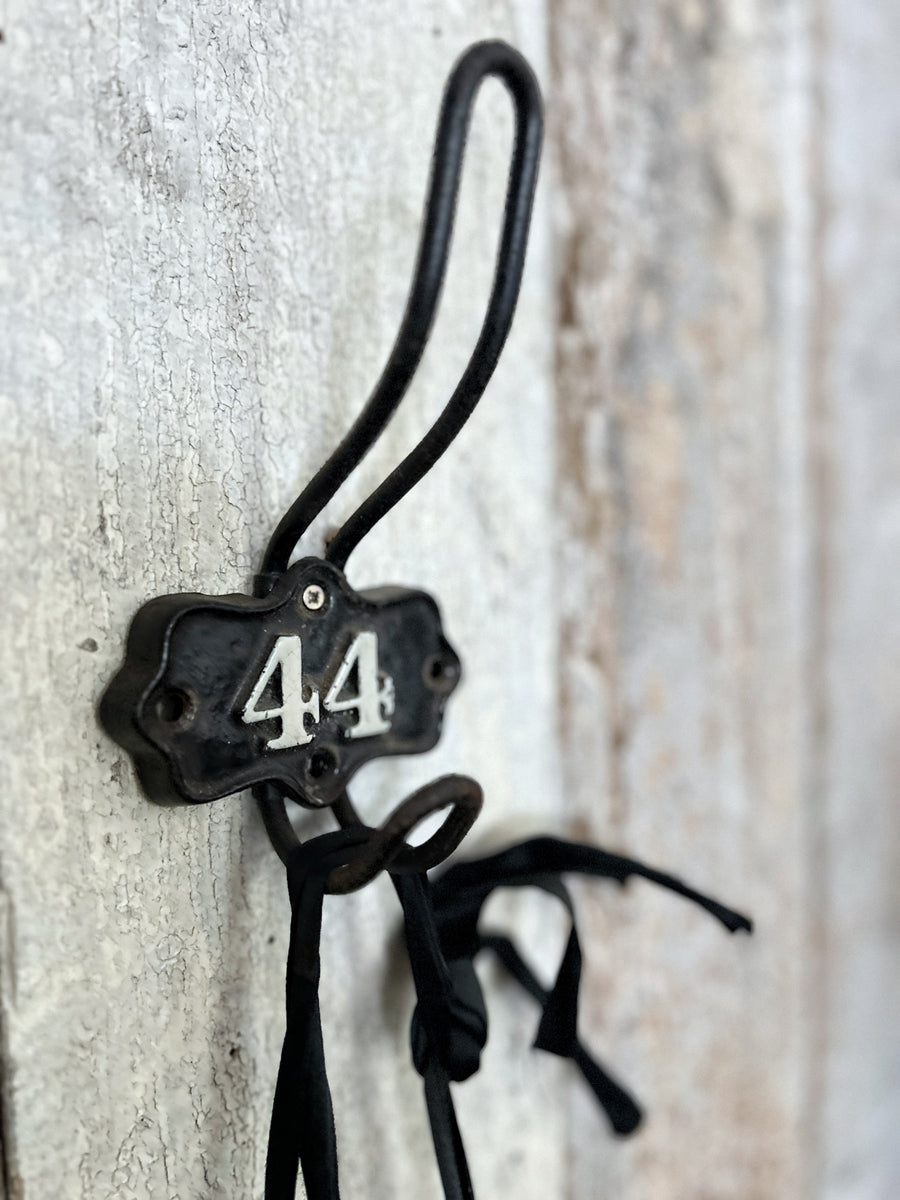 Vintage industrial cast iron numbered shield back coat hook number 44 ...