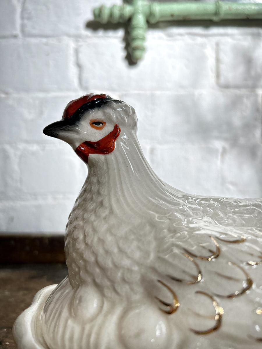 White antique mid 19th Century Staffordshire pottery hen tureen on nes ...