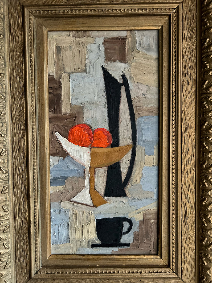 Cubist mid Century still life oil painting on panel apples and jug ...