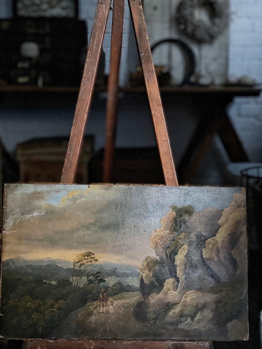 Antique Primitive landscape oil painting on board – The Old Potato Store