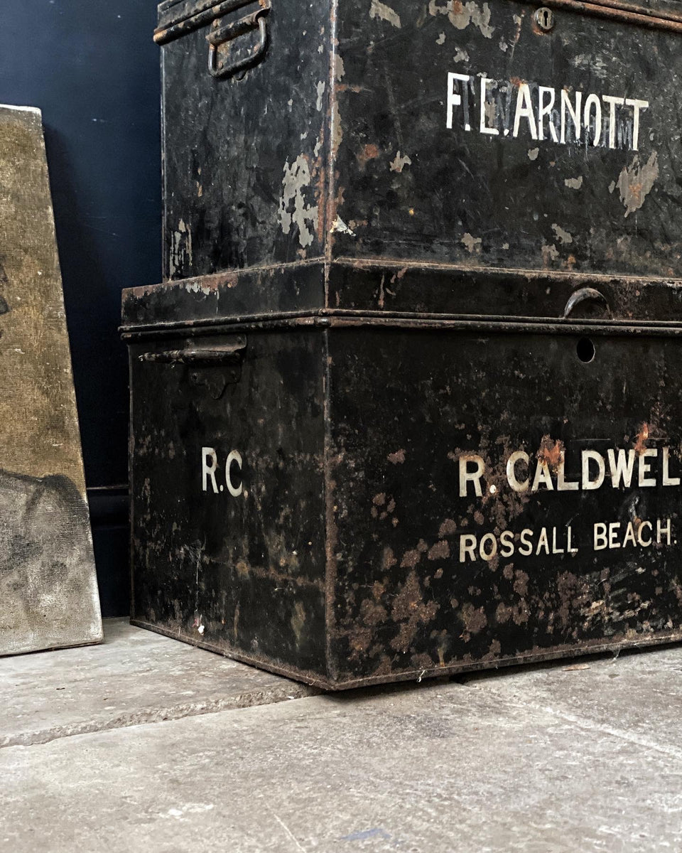 Large antique black metal deed box with stencilled front – The Old ...