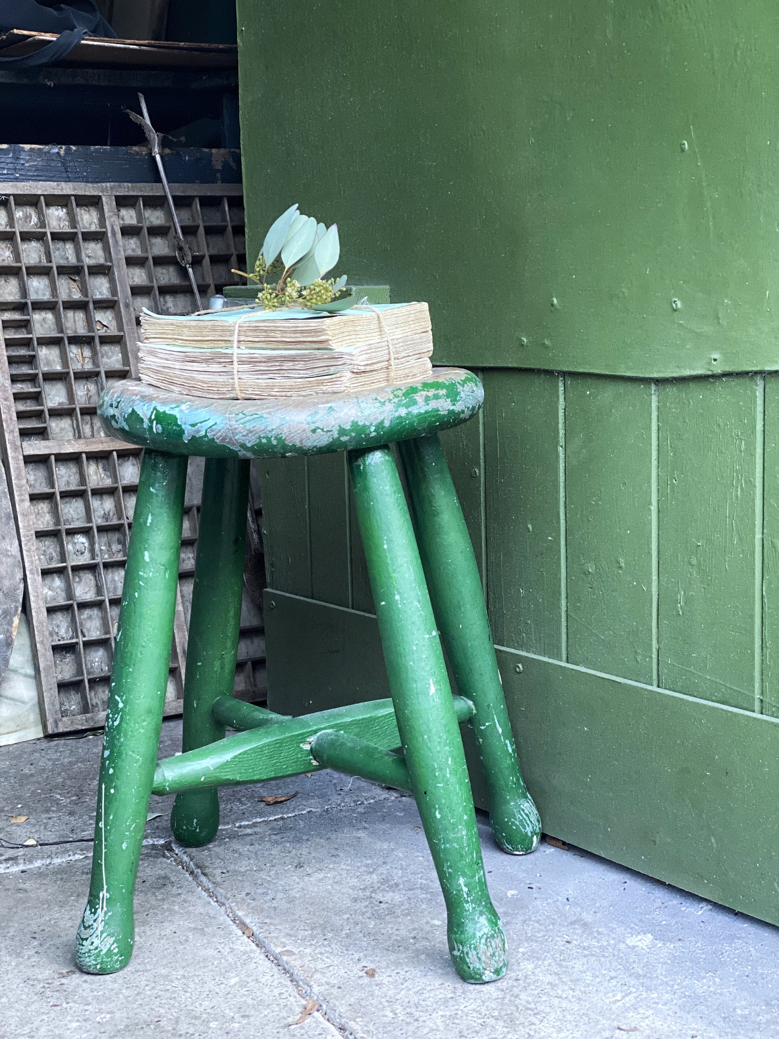 Vintage Antique farmhouse country style wooden green painted stool ...
