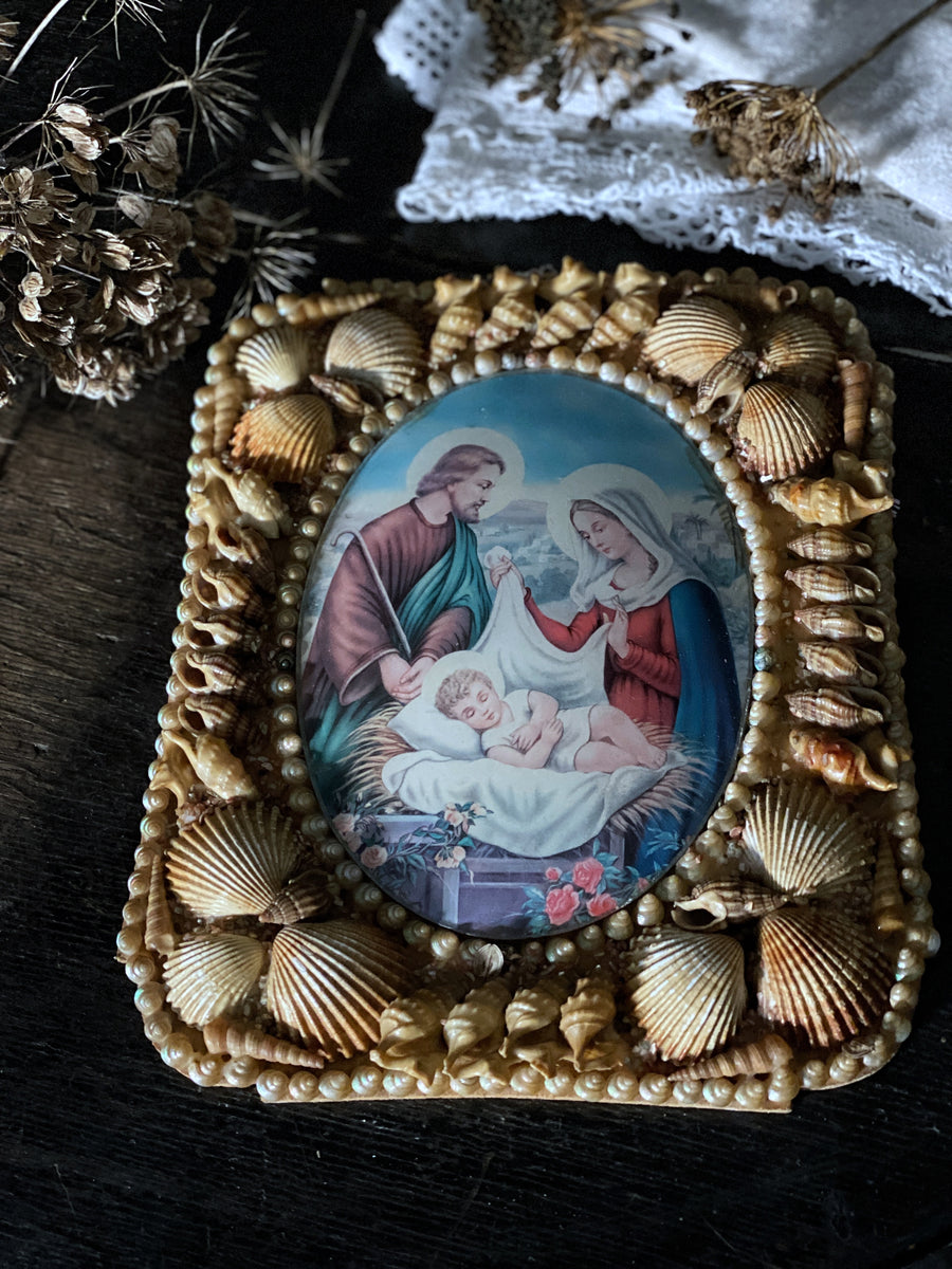 A vintage French religious picture with sailors souvenir shell frame ...